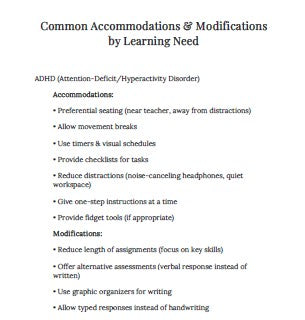 Accommodations and Modifications Cheat Sheet for Teachers | Printable ...