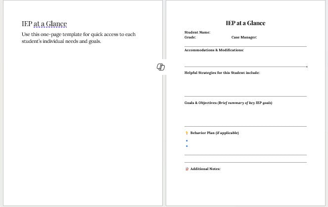 IEP at a Glance Template for Teachers | Quick-Reference Printable PDF ...